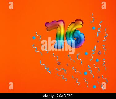 Multicolor balloon number 8 - Confetti explosion on orange background ...