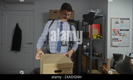 Hispanic man with a moustache in a detective office examines evidence ...