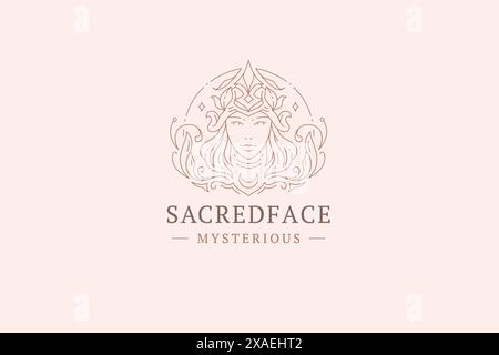 Elegant woman goddess portrait fantasy flourish silhouette line art logo design template vector ...