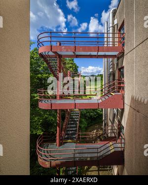 Red Metal Fire Escape on Old Brick Building Stock Photo - Alamy