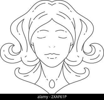 Romantic woman portrait curved hair aesthetic silhouette line art logo ...