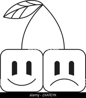 Y2k abstract sad squared emoji with antique sword monochrome line retro ...