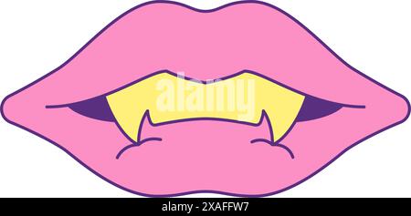 Y2k vampire smile female lips with fang teeth monochrome line retro ...