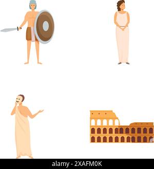 Amphitheatre icons set cartoon vector. Ancient roman character and ...