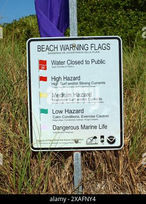 Sign explaining the meaning of beach warning flags and rip currents, on ...