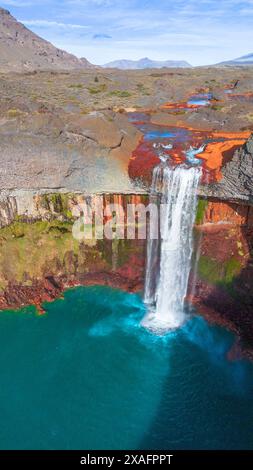 Aerial view of Salto del Agrio, imposing waterfall over the Agrio River ...