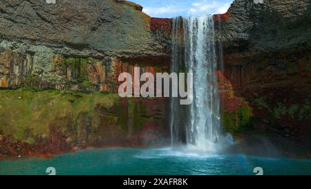 Aerial view of Salto del Agrio, imposing waterfall over the Agrio River ...