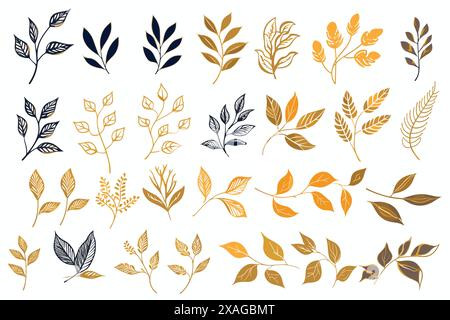 drawn leaves of various trees and bushes, black and gold Stock Vector ...