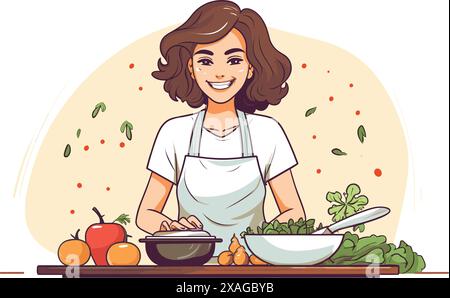 Hand drawn young woman cooking in the kitchen. Cartoon smiling ...