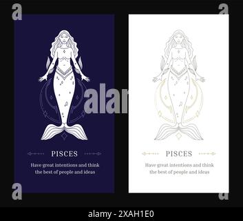 Pisces woman mermaid zodiac line art deco contoured silhouette ...