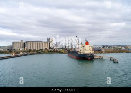 Port of Geelong with ship tied up at loading facility, Corio Bay ...