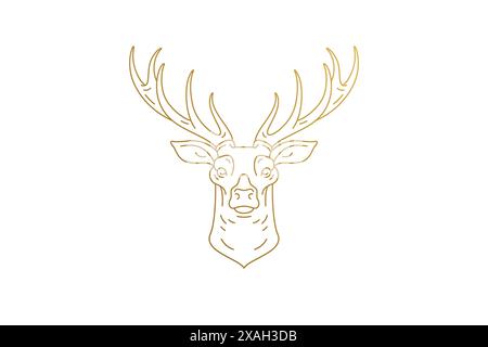 Deer head with huge antlers silhouette linear vector illustration ...