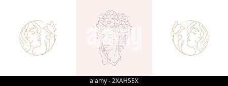 Magic female enchantresses in boho linear style vector illustrations ...