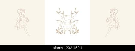 Female faun head with antlers logo linear vector illustration. Mystic ...