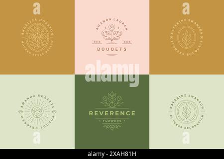 Flower logos emblems design templates set with botanical plants and ...