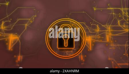 Image of security padlock icon and pink light trails against computer ...