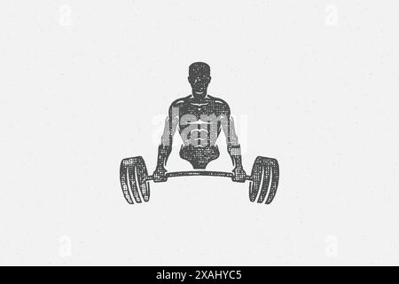 Strong bodybuilder lifting barbell silhouette vector illustration. Muscular man lifting heavy ...
