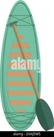 Blue and white paddle board with a paddle is leaning on a white ...