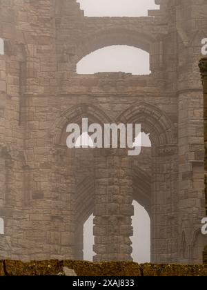 Thick sea Fog surrounds the ruins of Whitby Abbey, creating a haunting ...
