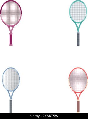 Four tennis rackets in different colors isolated on white background ...