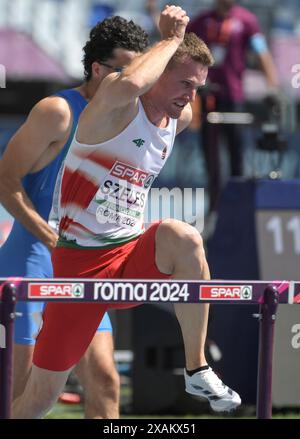 Bálint Szeles of Hungary competing in the men’s 110m hurdles at the ...