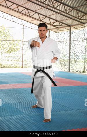 Professional coach showing karate moves at gym Stock Photo - Alamy