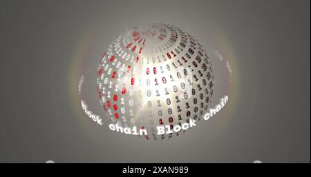 Image of block chain texts around binary codes forming globe, lens ...