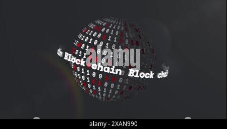 Image of block chain texts around binary codes forming globe, lens flare on abstract background ...