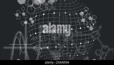 Image of grid patterned globe over computer language, molecule structures on abstract background ...