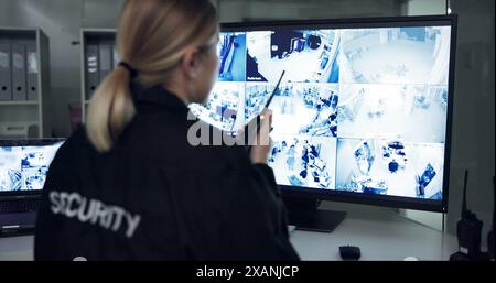 Security guard, inspection and woman by cctv monitor for protection ...