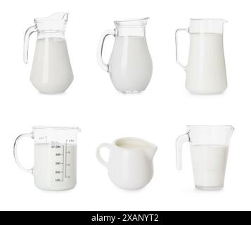 Collage of milk jugs on white background Stock Photo - Alamy