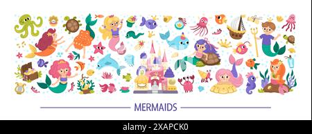 Vector horizontal mermaids set. Underwater kingdom card template design ...