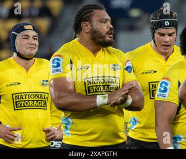 Wellington, New Zealand, 8 June, 2024. Josh Moorby of the Hurricanes is ...