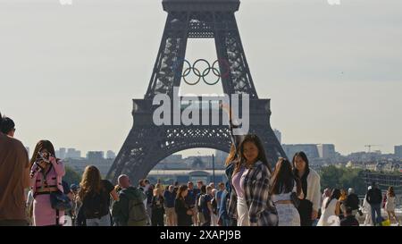 Olympic Rings display on Eiffel Tower in Paris, France Stock Photo - Alamy
