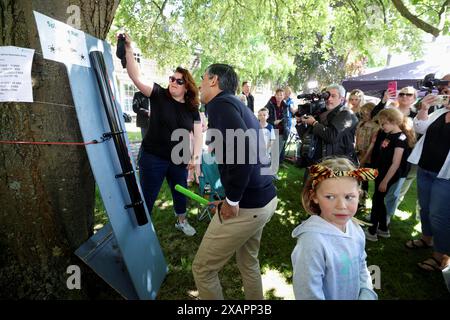 Prime Minister Rishi Sunak playing 'Splat the Rat' at a village fete in ...