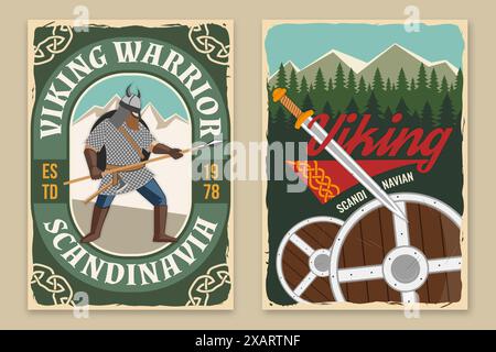 Set of viking warrior retro posters. Vector illustration. Flyer ...