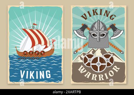 Set of viking warrior retro posters. Vector illustration. Flyer ...