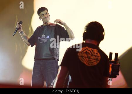 Argentine singer Duki during a performance at the Santiago Bernabeu ...