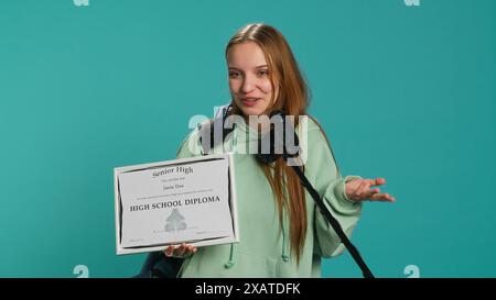 Happy student holding diploma talking in microphone, addressing ...