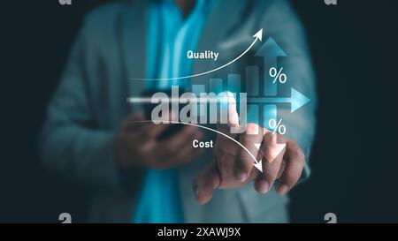 Businessman touching showing a quality control growth graph and cost reduction, Cost and quality ...