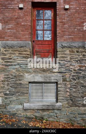 Stair and entrance door of the abandoned building. House restoration ...