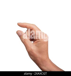 Hand holding a little bit of something, isolated on white background ...