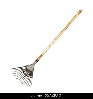 Garden rake with wooden handle for harvesting hay on white background ...