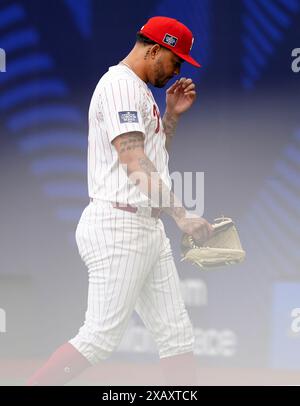 Philadelphia Phillies' Taijuan Walker leaves the field following a pitching change during game ...