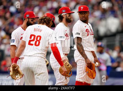 Philadelphia Phillies' Gregory Soto leaves the field following a pitching change during game two ...