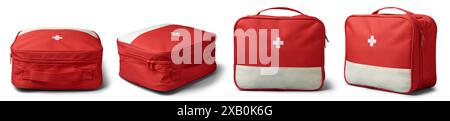 First aid kit. Different medical supplies on color background, collage ...