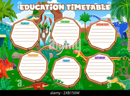 School timetable schedule with cartoon dinosaurs. Vector kids time ...