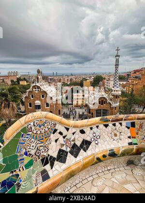 Mosaic of a famous bench at park Guell by Antoni Gaudi, Barcelona ...