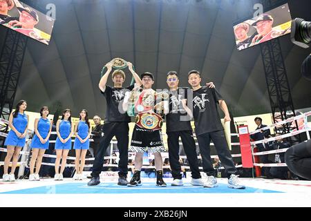 Japan's Naoya Inoue, second left, poses with his cousin Koki Inoue ...
