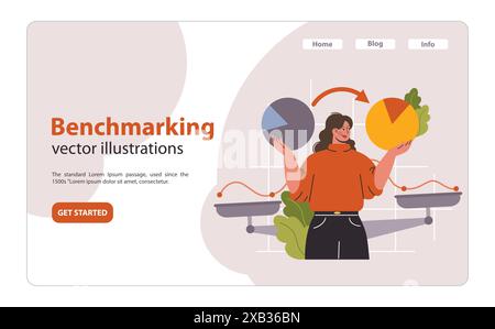 Benchmarking concept. Businesswoman comparing two pie charts, analyzing ...